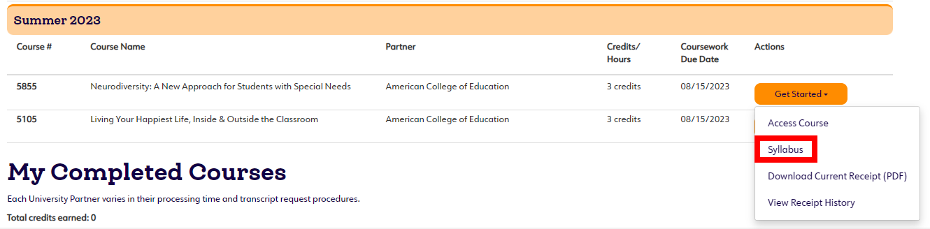 How do I view my continuing education (CE) course syllabus?